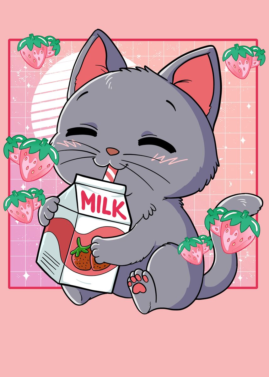 'Kawaii Cat Strawberry' Poster, picture, metal print, paint by PxL ...