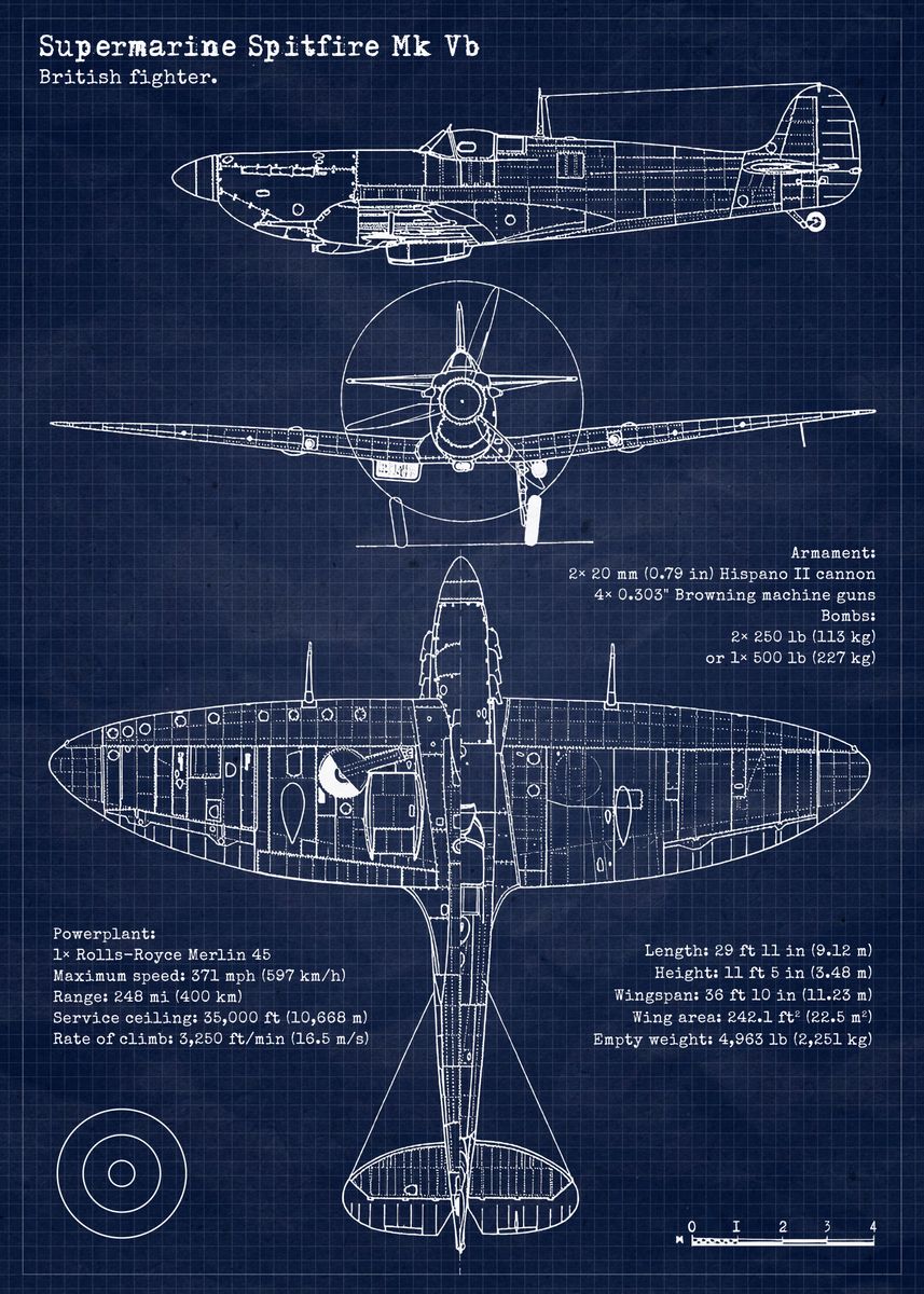 'Spitfire MkVb Blueprint' Poster, picture, metal print, paint by ...