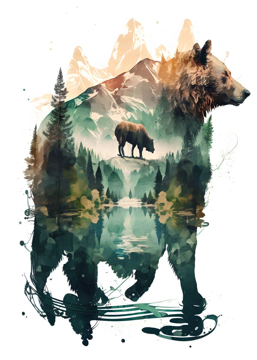 'BEAR NATURE' Poster, picture, metal print, paint by Elz art | Displate