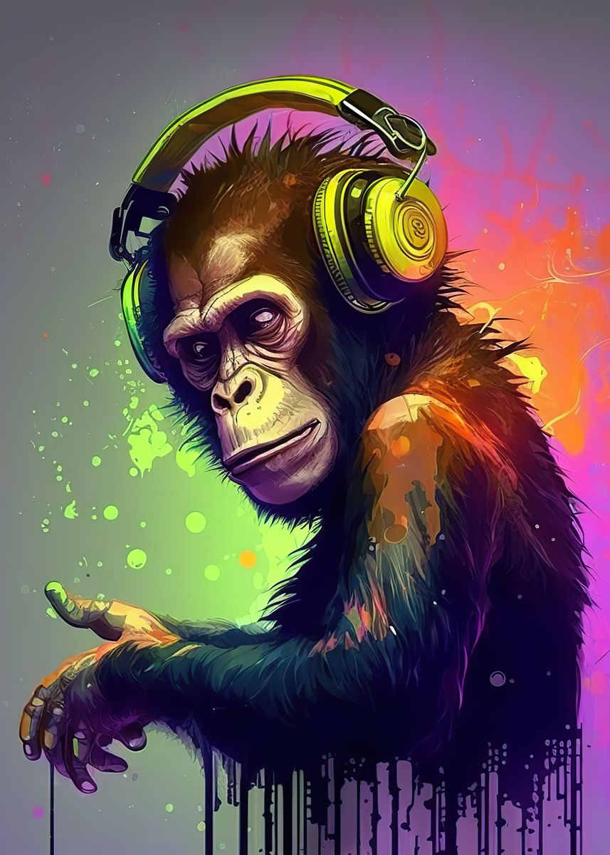'Monkey headphone dj music' Poster, picture, metal print, paint by ...