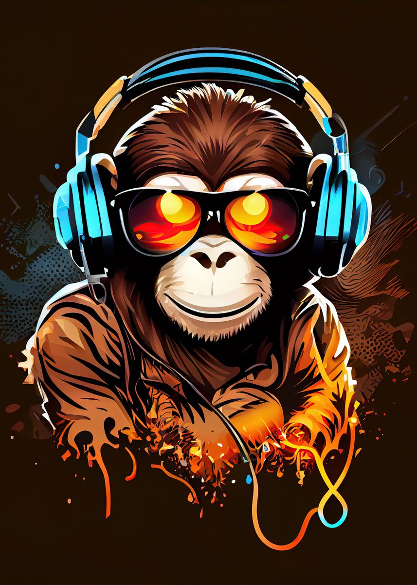 'Monkey headphone dj music' Poster, picture, metal print, paint by ...