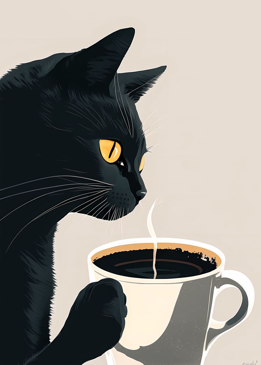 'Cat with Coffee 4' Poster, picture, metal print, paint by Adam Cousins ...