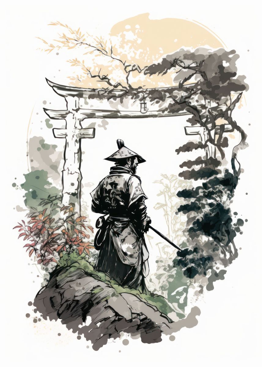 'Zen Garden Samurai Sketch' Poster, picture, metal print, paint by ...