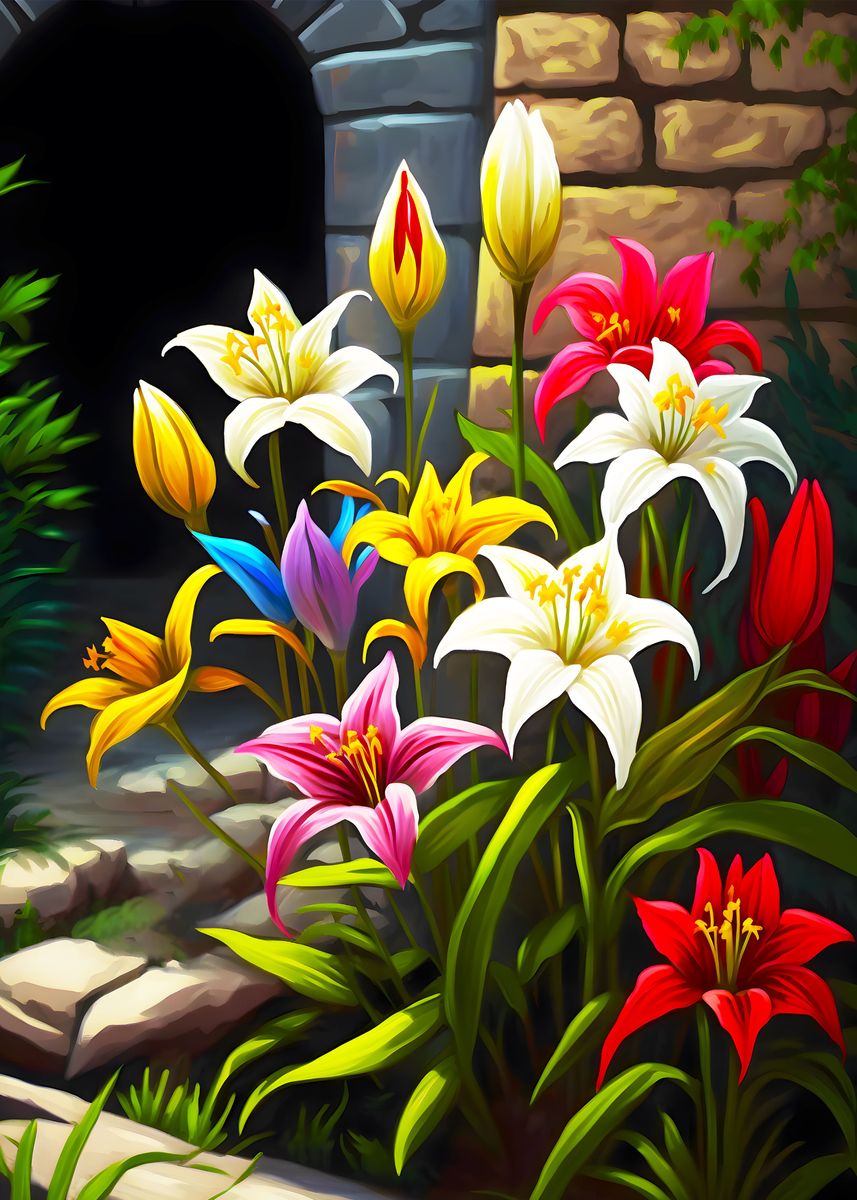 'Colorful Garden Lilies' Poster, picture, metal print, paint by ...