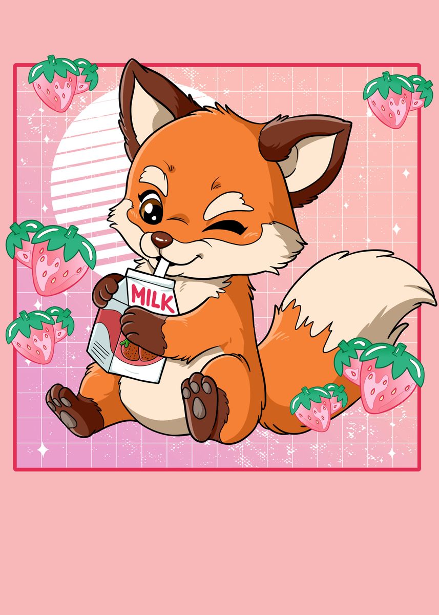 'Kawaii Fox Strawberry' Poster, picture, metal print, paint by PxL ...