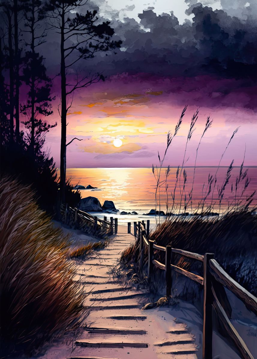'Beach at purple sunset' Poster, picture, metal print, paint by Mitoka ...