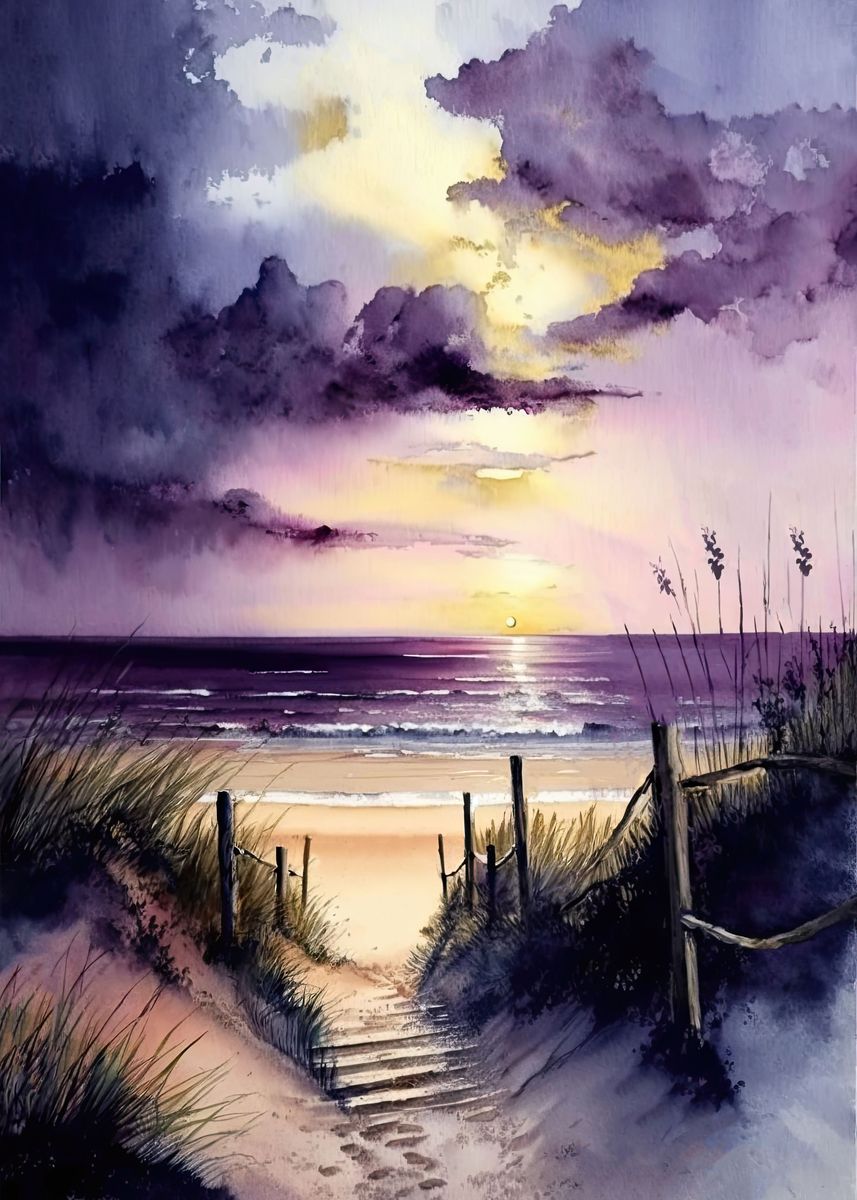 'Beach at purple sunset 2' Poster, picture, metal print, paint by ...