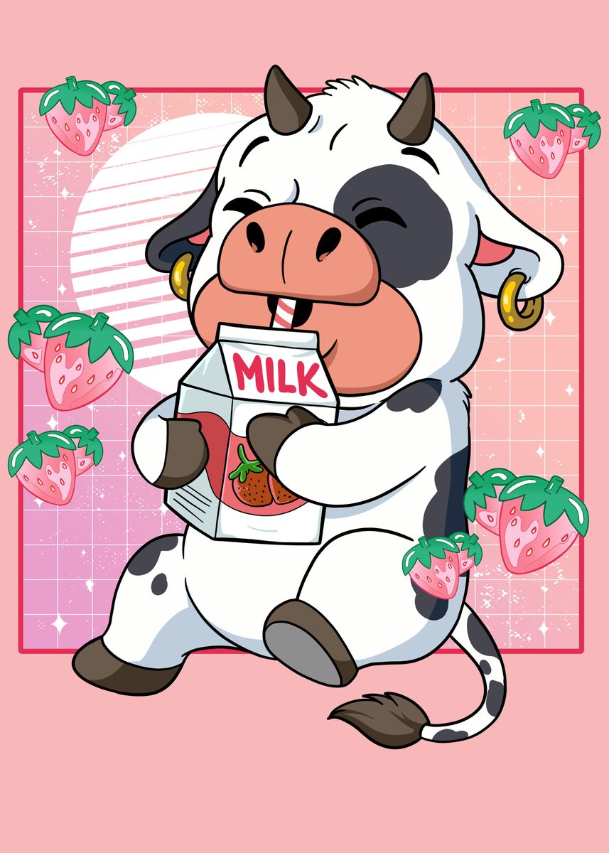 'Kawaii Cow Strawberry' Poster, picture, metal print, paint by PxL ...