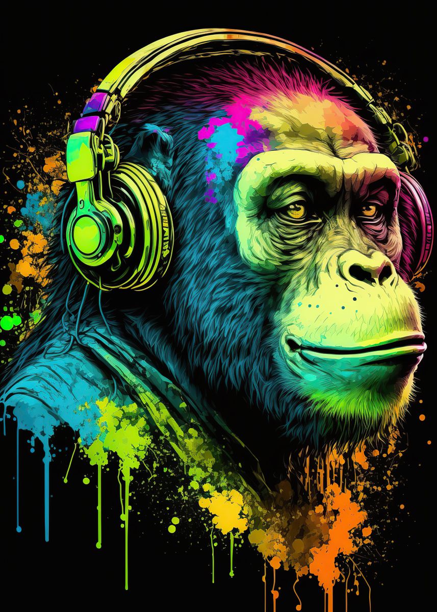 'Monkey headphone dj music' Poster, picture, metal print, paint by ...