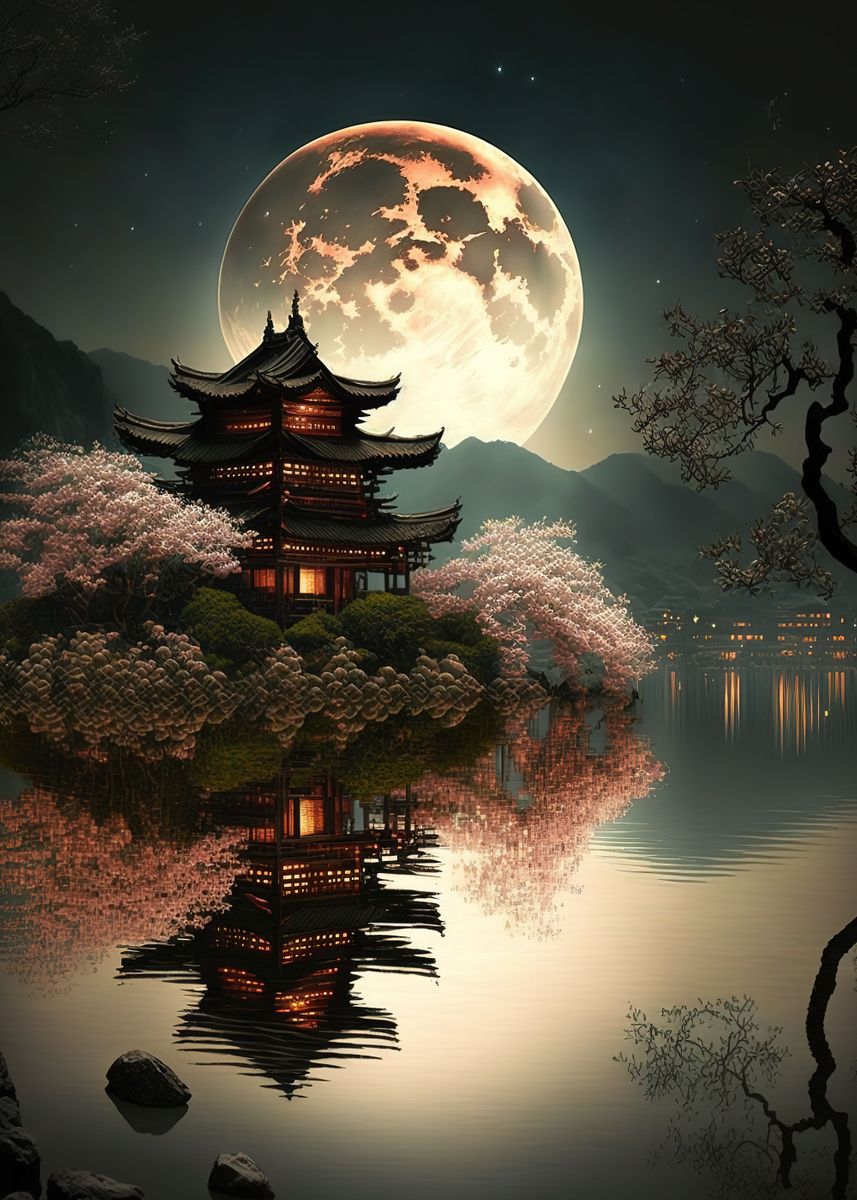 'Japan landscape moon' Poster, picture, metal print, paint by Peter Li ...