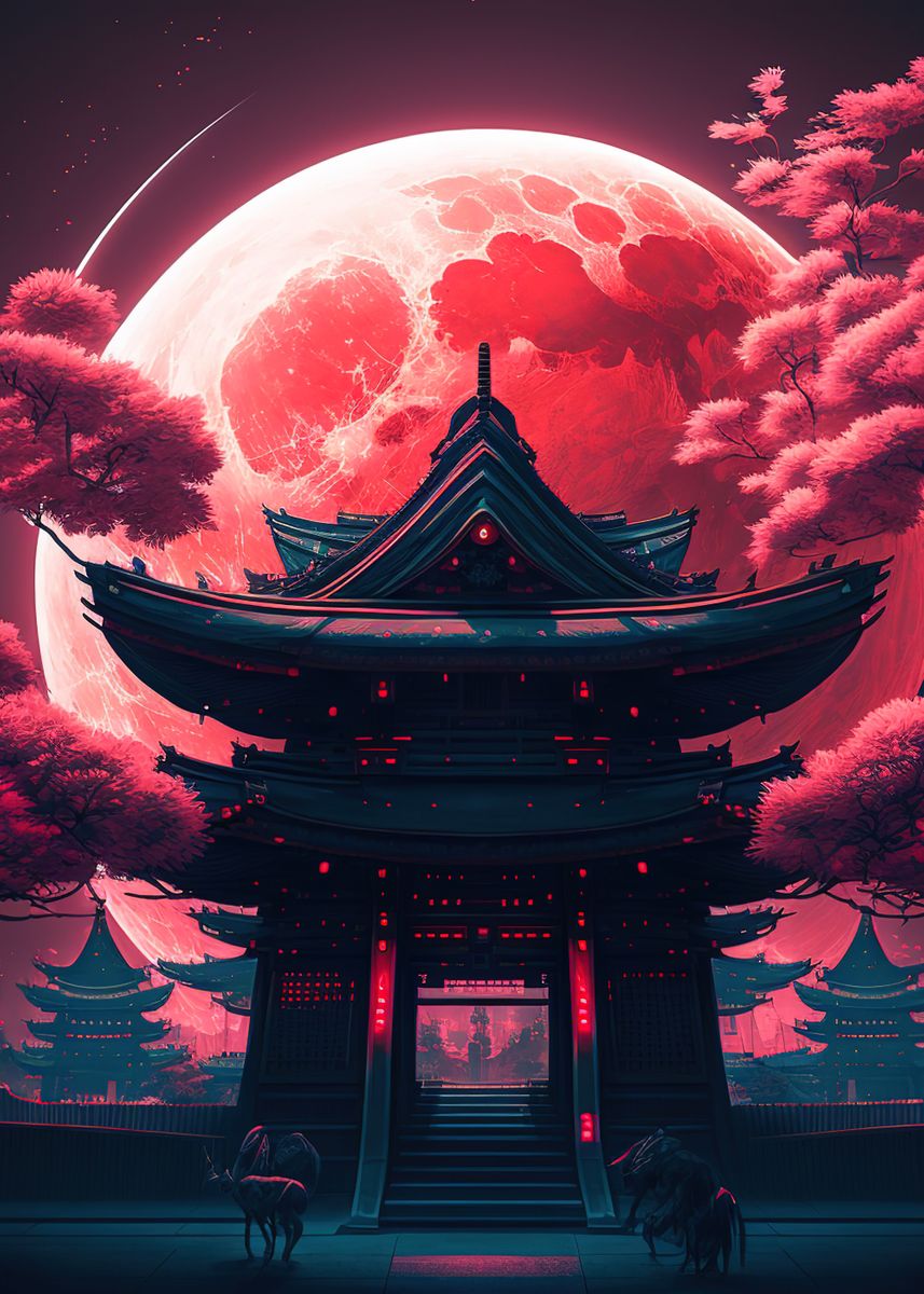 'Japan landscape moon' Poster, picture, metal print, paint by Peter Li ...
