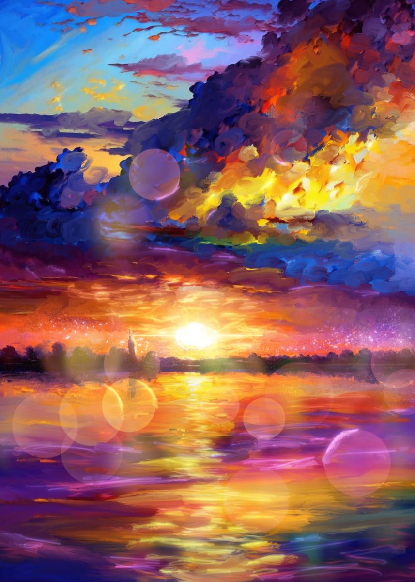 'Fiery Sunset on the Lake' Poster, picture, metal print, paint by ...