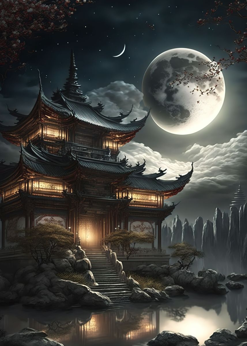'Japan landscape moon' Poster, picture, metal print, paint by Peter Li ...