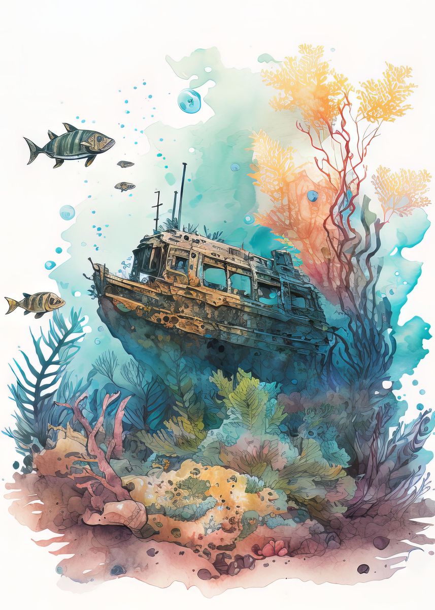 'Sunken shipwreck' Poster, picture, metal print, paint by Karen Foley ...