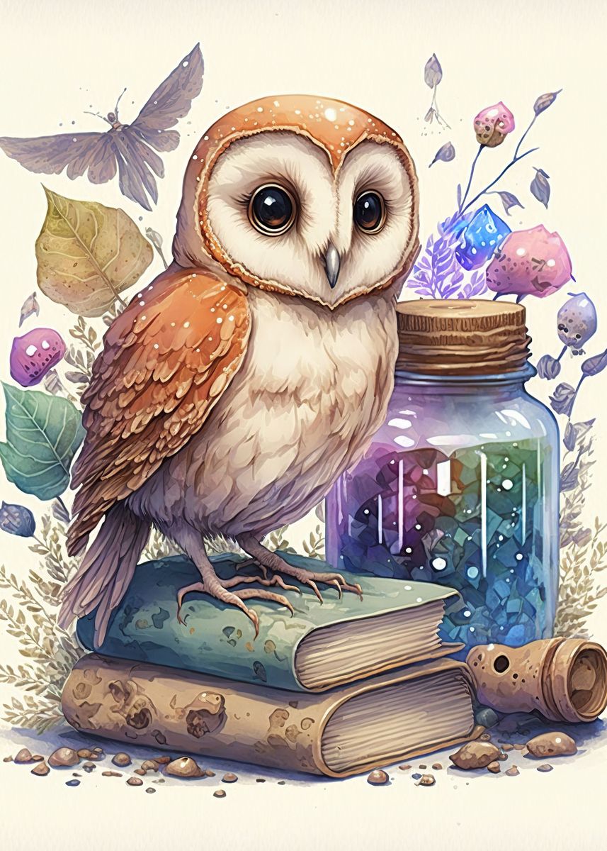 'owl standing book' Poster, picture, metal print, paint by Desiree ...