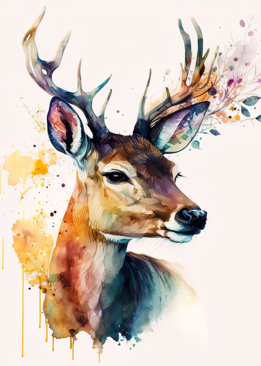 'watercolour deer' Poster, picture, metal print, paint by Raheel Hollis ...