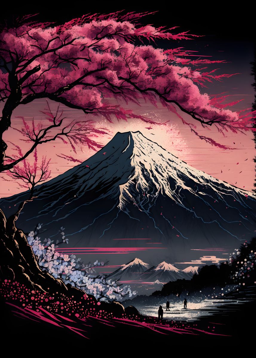 'Mount Fuji Cherry Blossom' Poster, picture, metal print, paint by Art Jiyuu | Displate