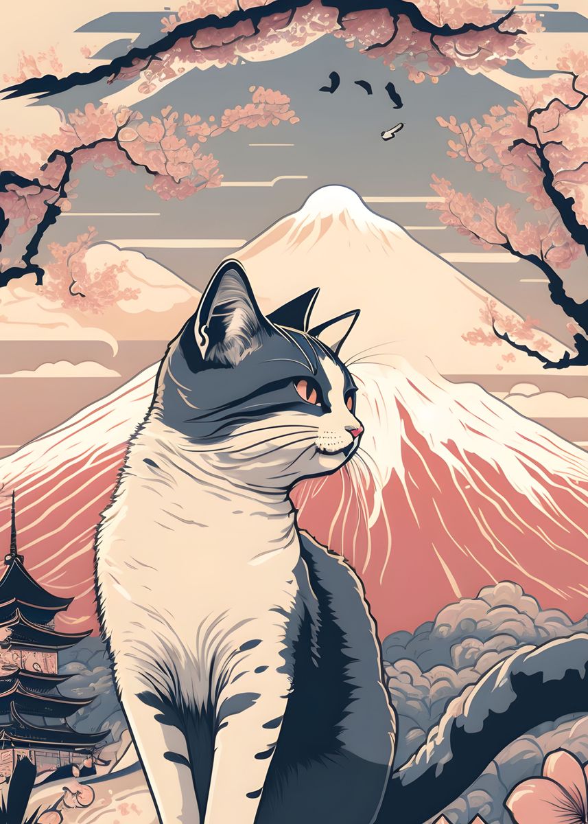 'Japanese Cat Mount Fuji' Poster, picture, metal print, paint by Art Jiyuu | Displate