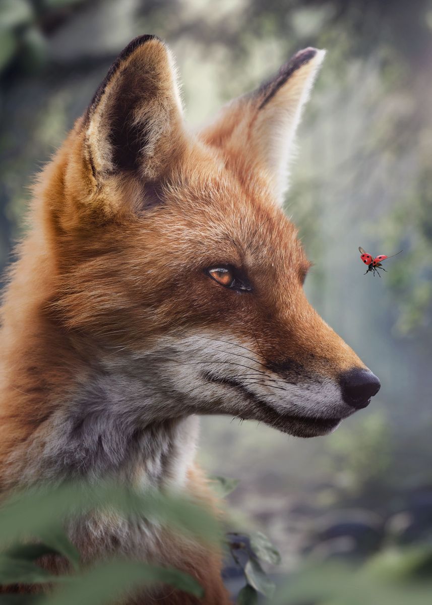 'Fox Watching A Ladybug' Poster, picture, metal print, paint by ...