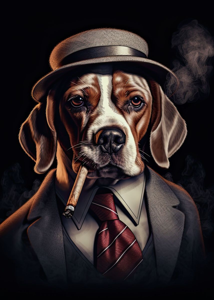 'Beagle in a Gangster Suit' Poster, picture, metal print, paint by PetPrints | Displate