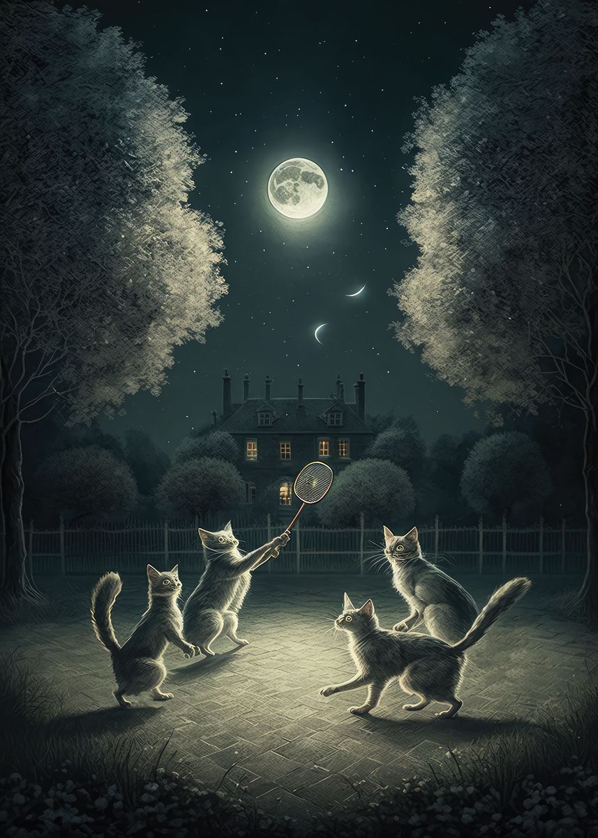 'Cats playing badminton' Poster, picture, metal print, paint by JS Art ...