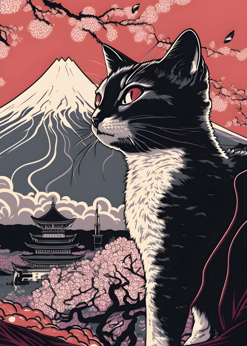 'Japanese Cat Mountain Fuji' Poster, picture, metal print, paint by Art Jiyuu | Displate