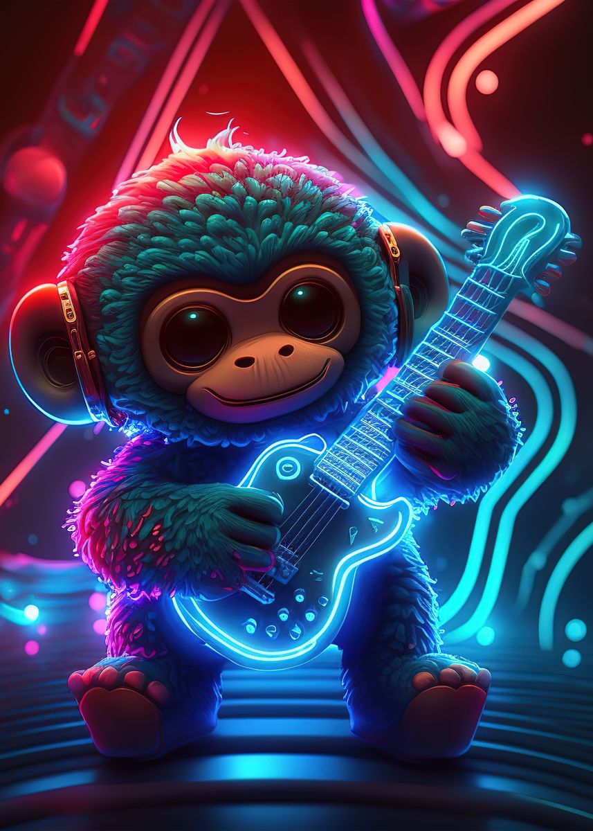 ' monkey with guitar' Poster, picture, metal print, paint by ...