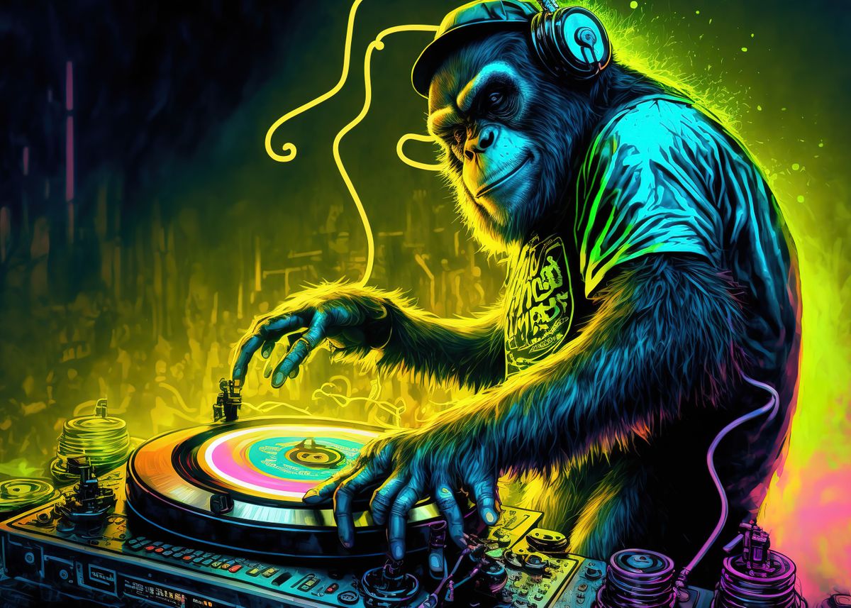 'Monkey headphone dj music' Poster by MatiasCurrie | Displate