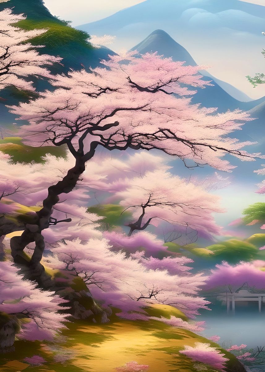 'Cherry Tree by Mountains' Poster, picture, metal print, paint by Max ...
