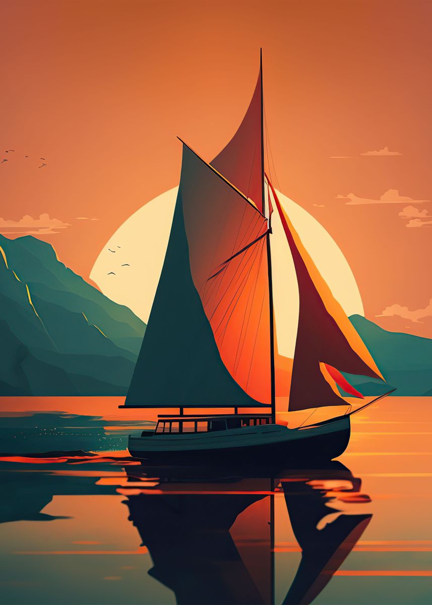 'sailboat in a sunset' Poster, picture, metal print, paint by Ahmet ...