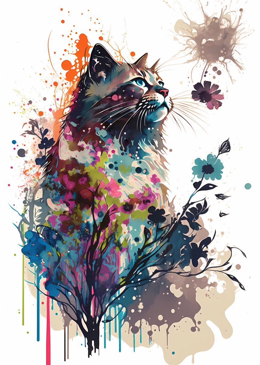 'Floral Cat Paint Splat' Poster, picture, metal print, paint by ...
