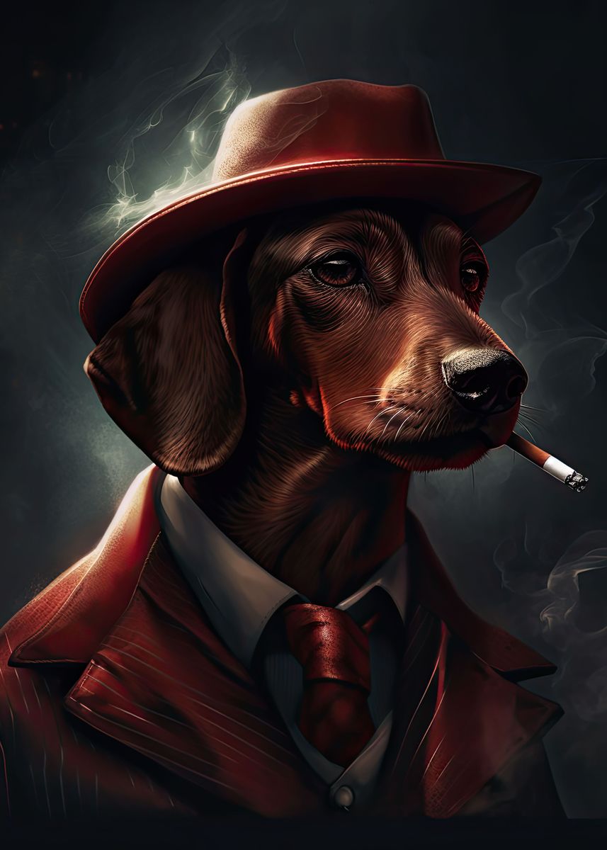 'Red Dachshund Gangster' Poster, picture, metal print, paint by PetPrints | Displate