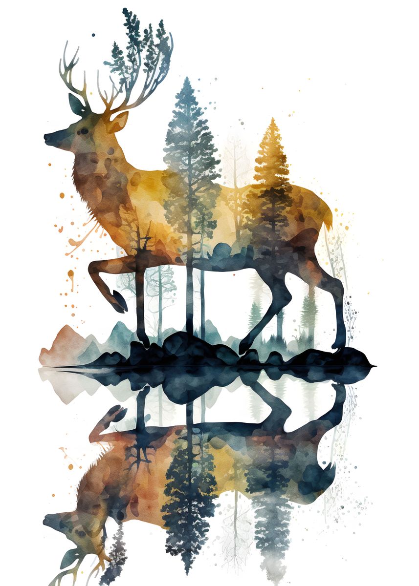 'Deer D Exposure' Poster, picture, metal print, paint by Elz art | Displate