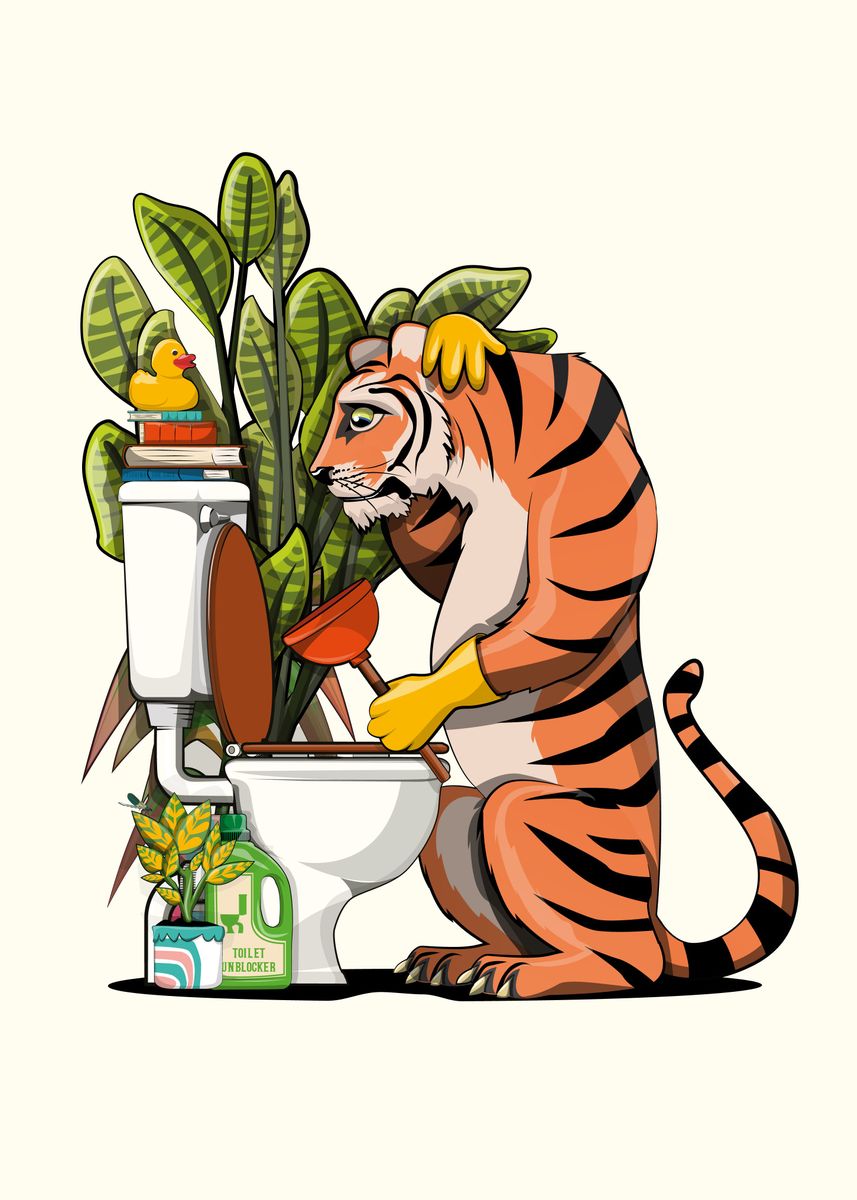 'Tiger Cleaning the Toilet' Poster by InTheWashroom | Displate