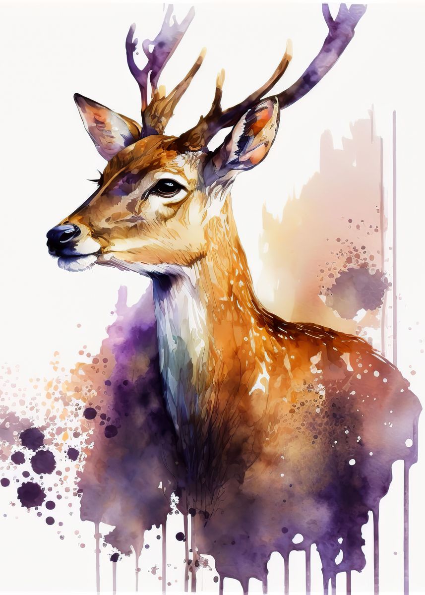 'watercolour deer ' Poster, picture, metal print, paint by Raheel ...