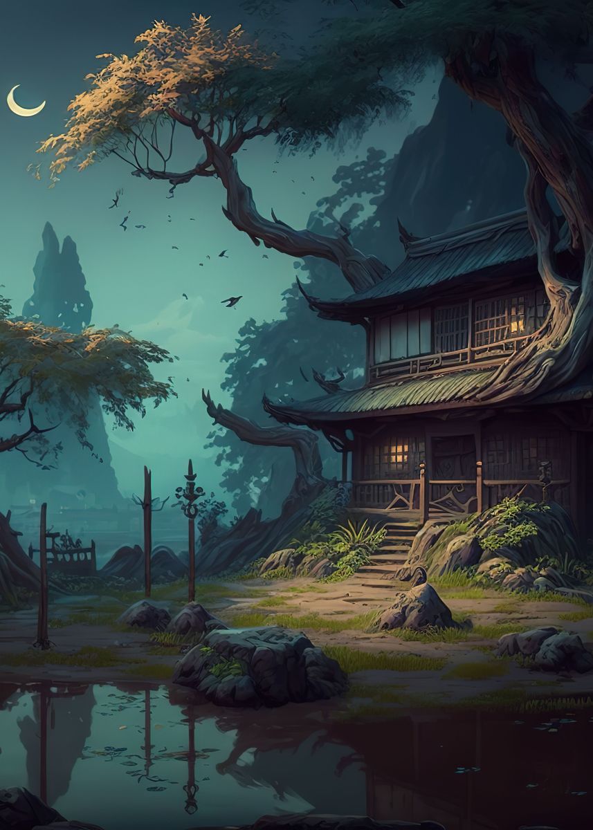 'japanese night landscape' Poster, picture, metal print, paint by Coral ...