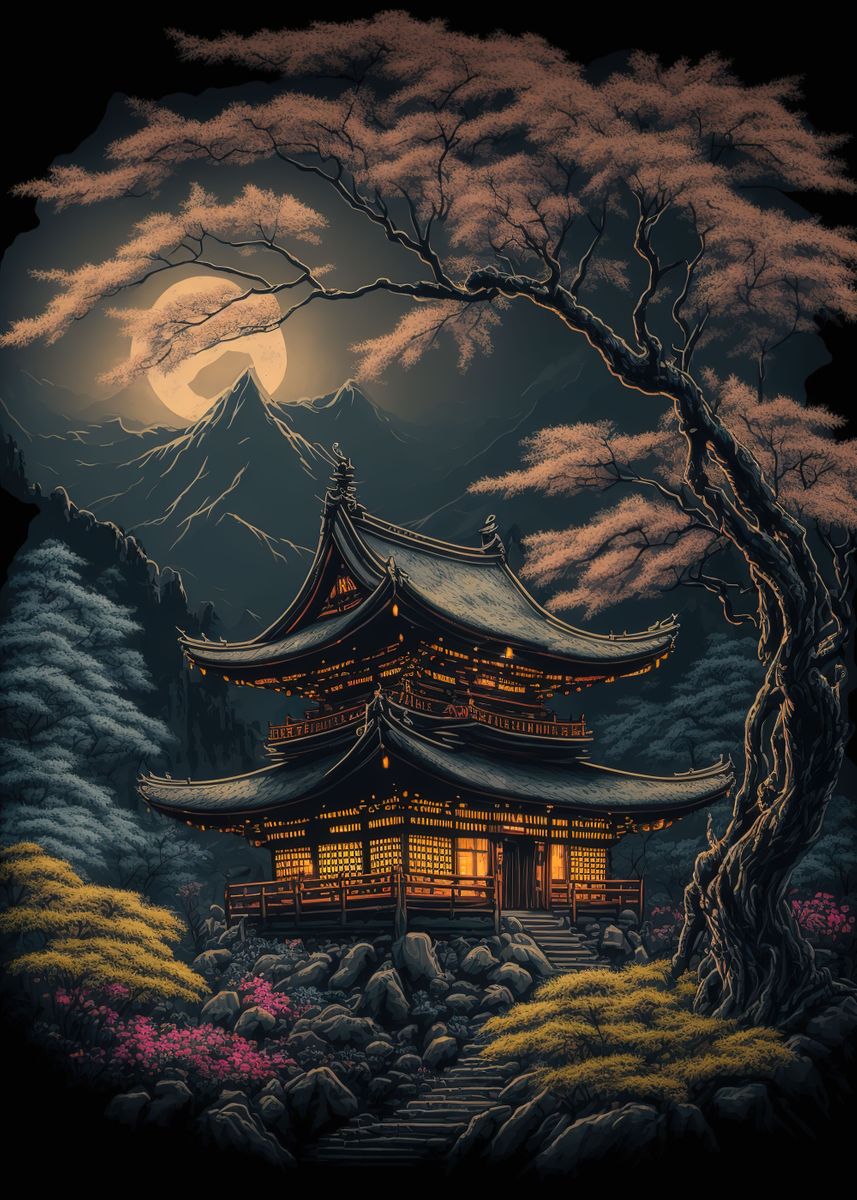 'japanese night landscape' Poster, picture, metal print, paint by Coral ...