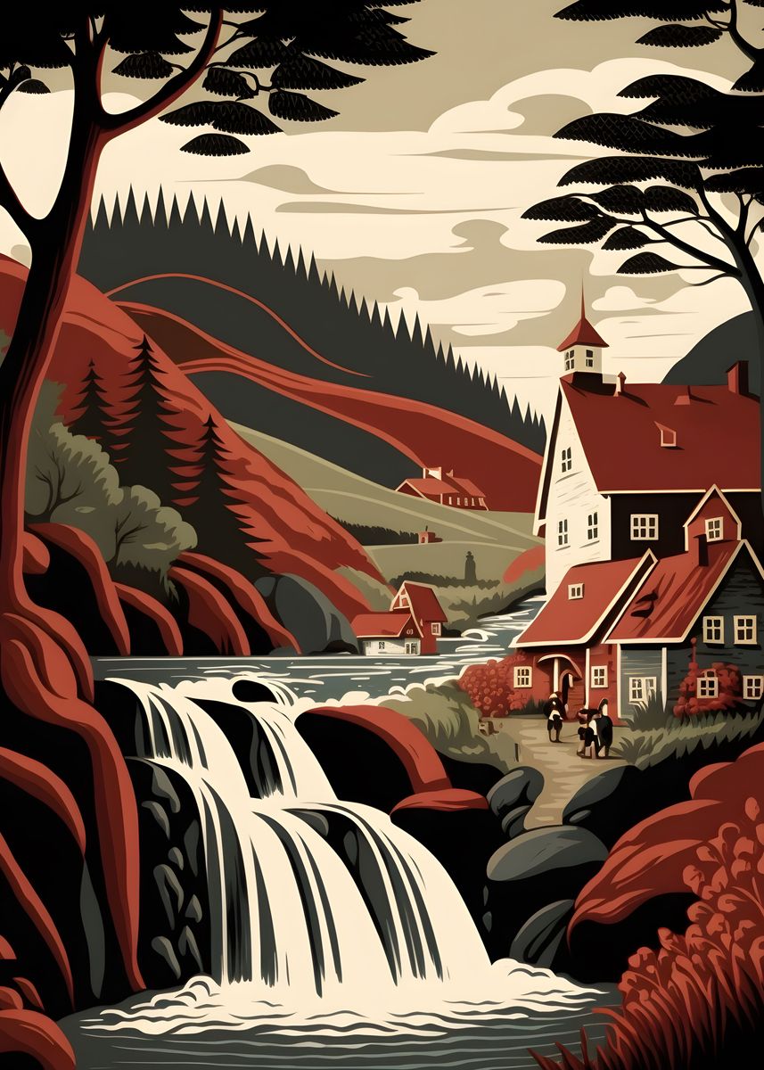 'Beautiful Fall in Village' Poster, picture, metal print, paint by V ...