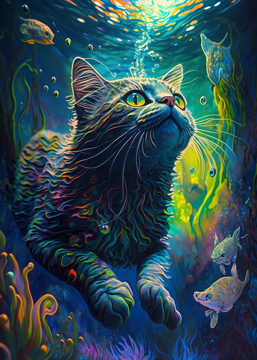 'Trippy Underwater Cat' Poster, picture, metal print, paint by Fisher ...