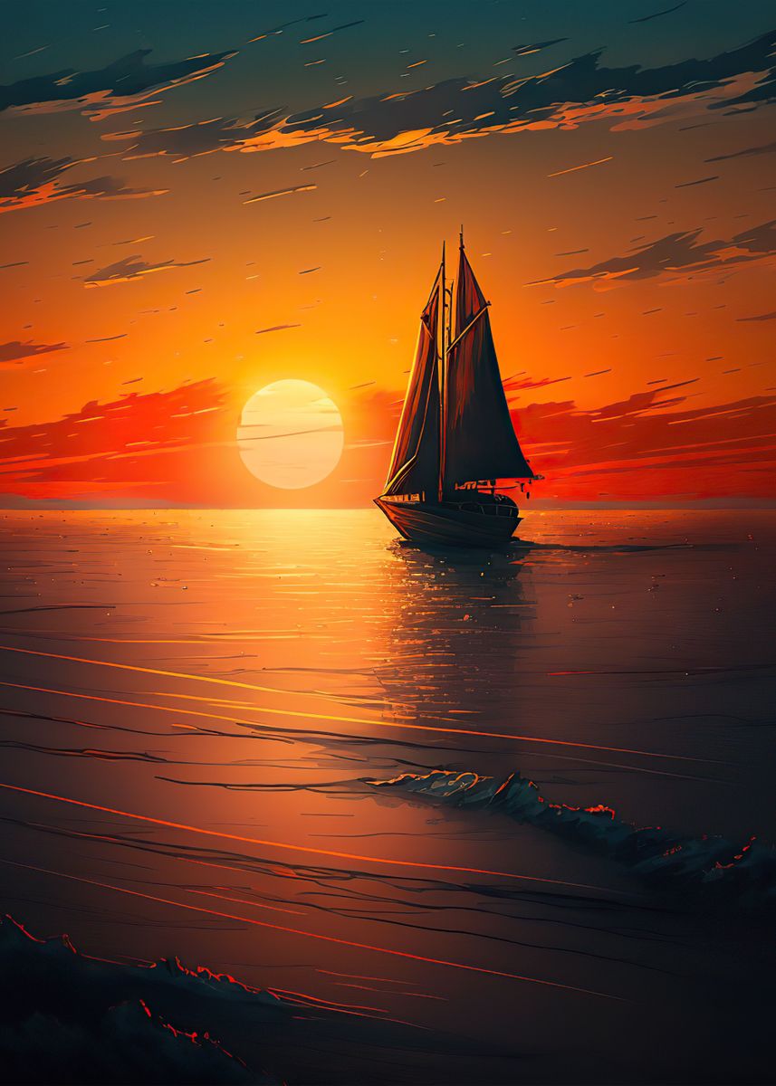 'sailboat in a sunset' Poster, picture, metal print, paint by Ahmet ...