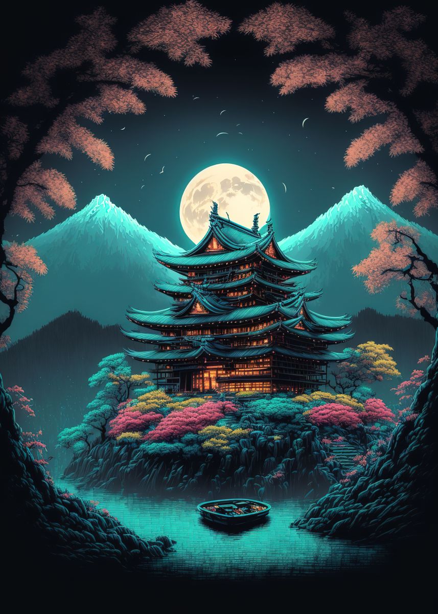 'japanese night landscape' Poster, picture, metal print, paint by Coral ...