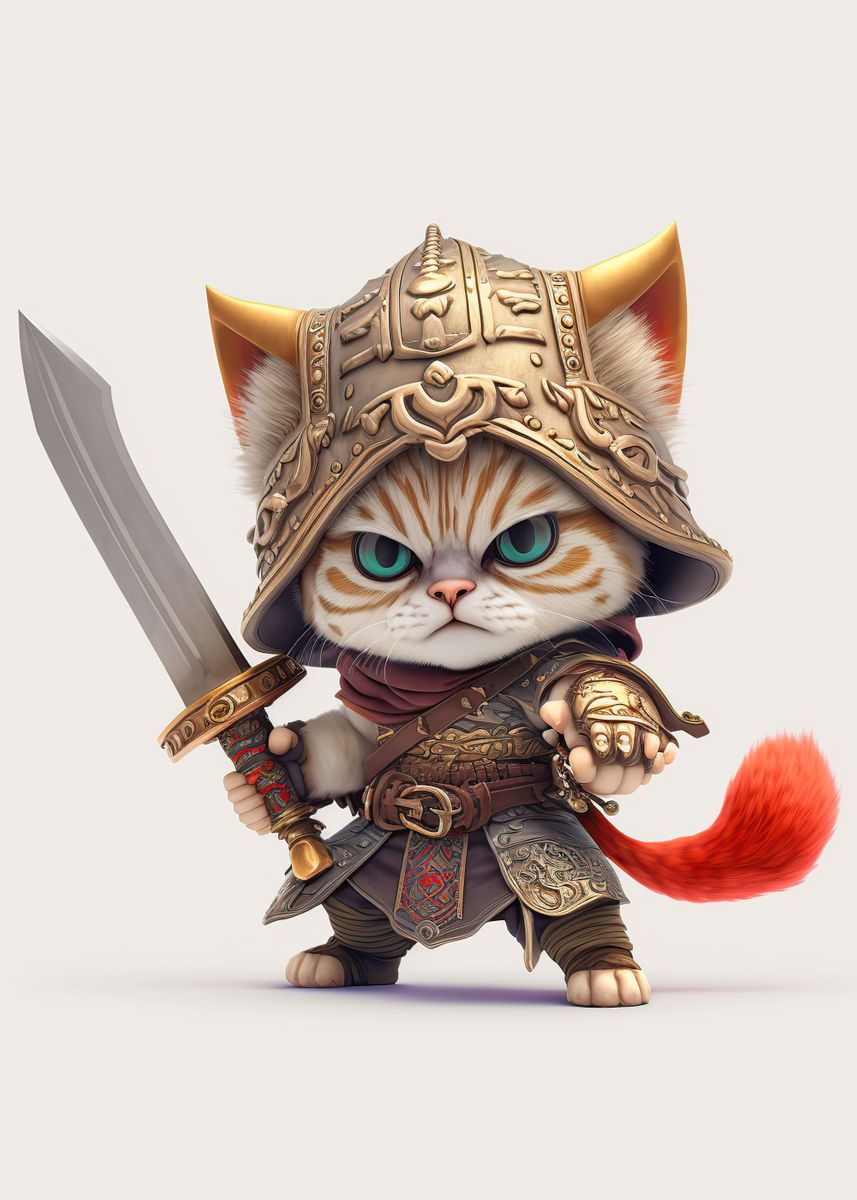'Cat Warrior Chibi' Poster, picture, metal print, paint by Elly Rodgers ...