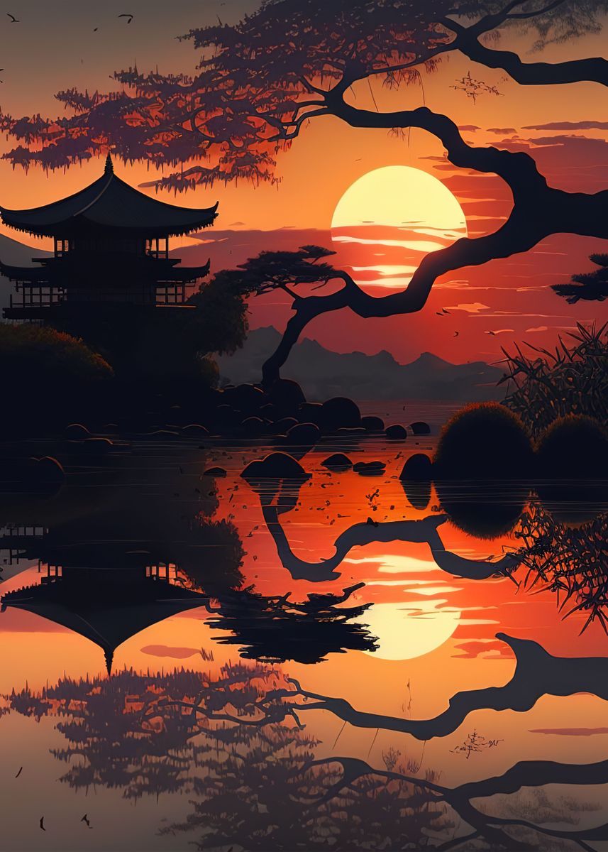 'Beautiful Japan Sunset ' Poster, picture, metal print, paint by Anime ...