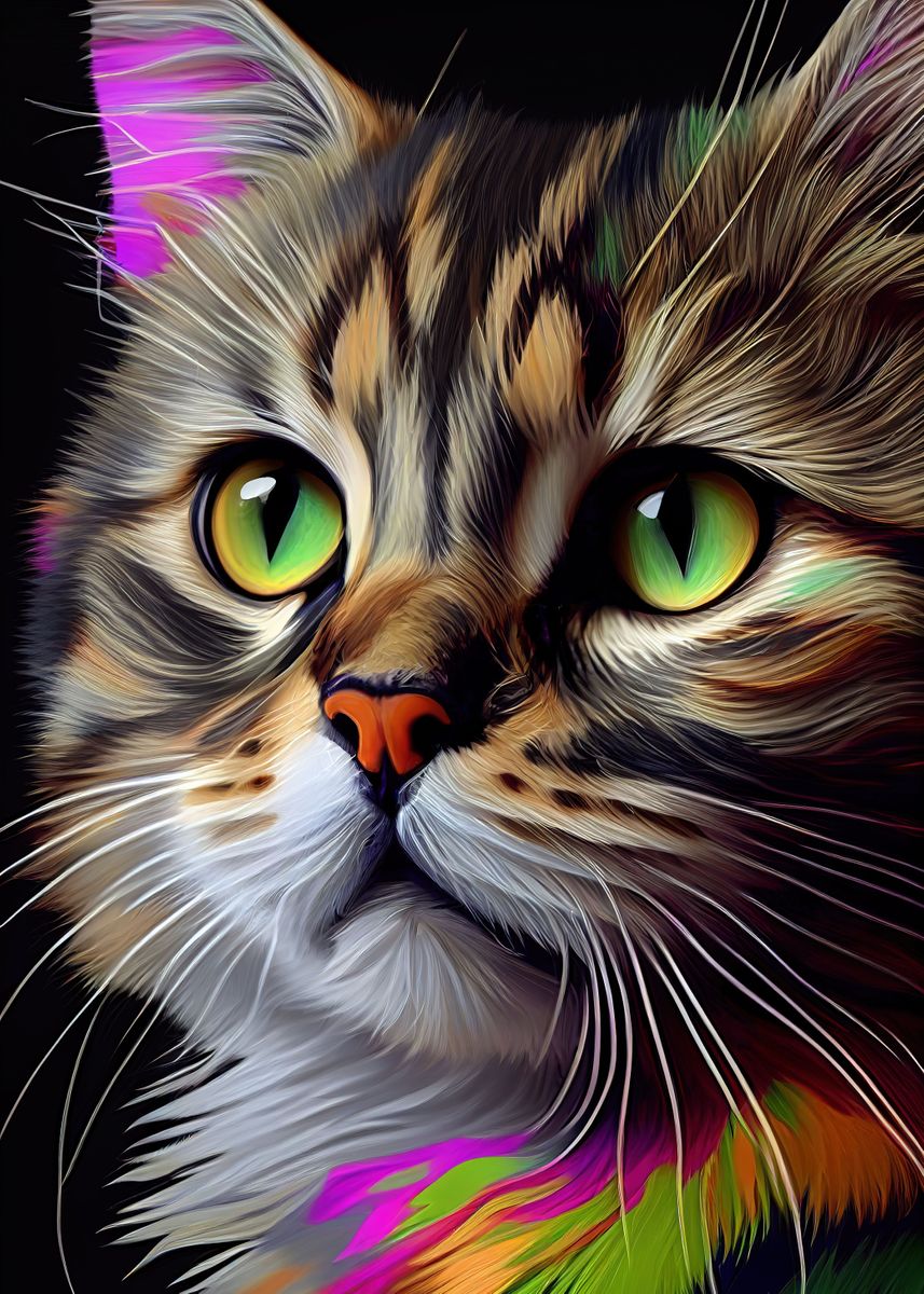 'Colorful Cat Cute Feline' Poster, picture, metal print, paint by ...