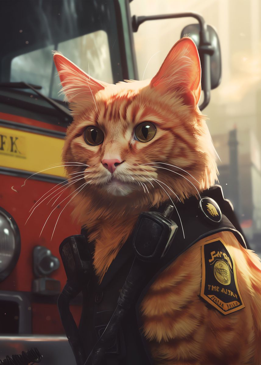 'Firefighter Cat' Poster, picture, metal print, paint by Art Concept ...