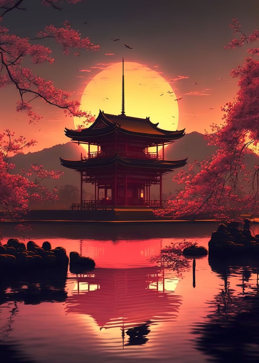 'japanese moon red' Poster, picture, metal print, paint by Anime | Displate