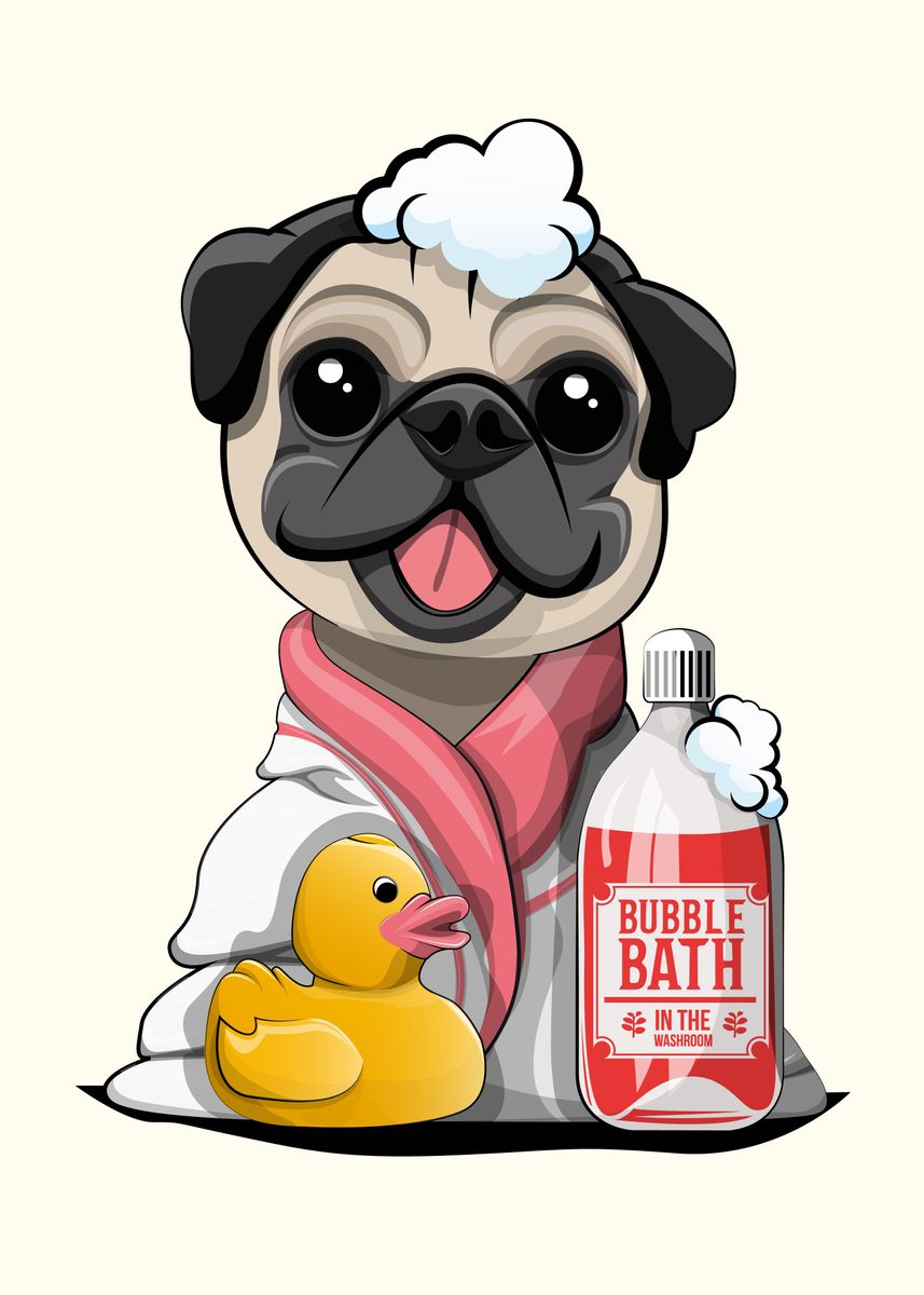 'Pet Pug Dog in Bath Towel' Poster, picture, metal print, paint by ...
