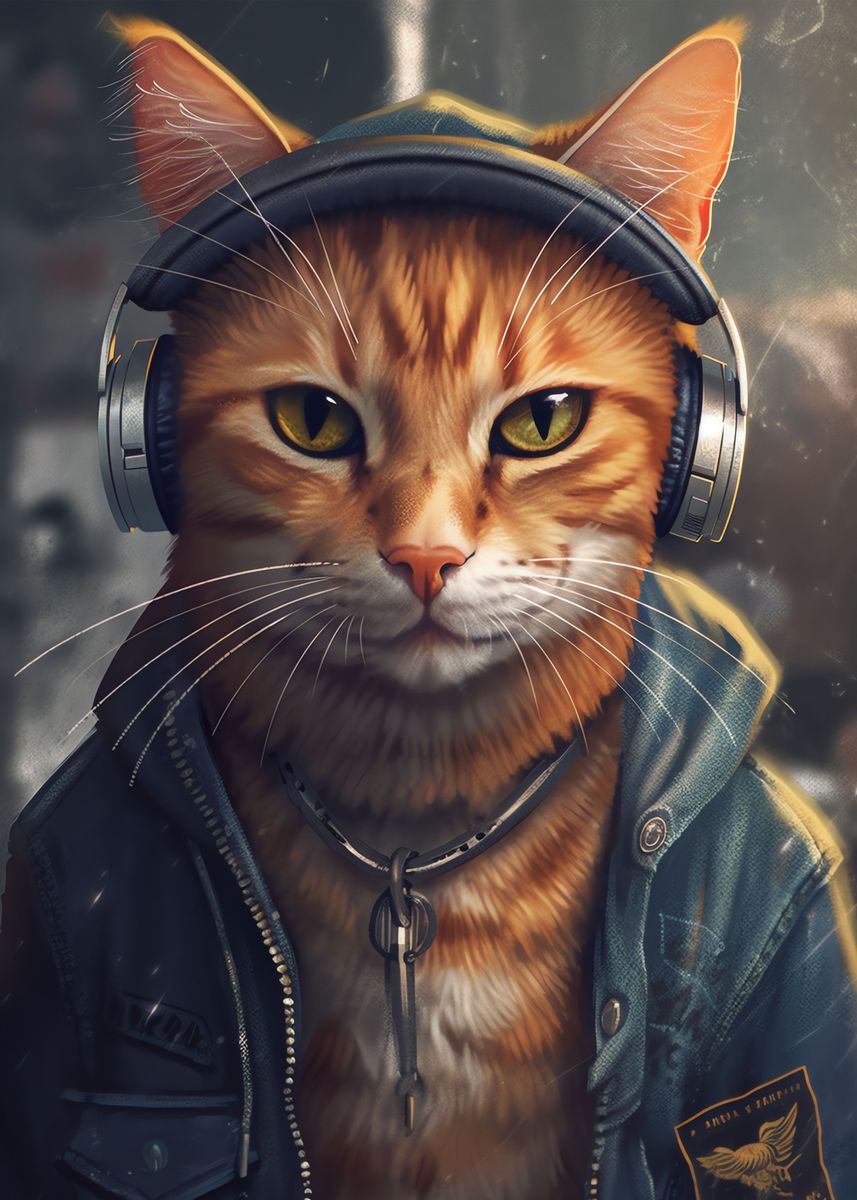 'Ginger Cat Headphone' Poster, picture, metal print, paint by Art ...