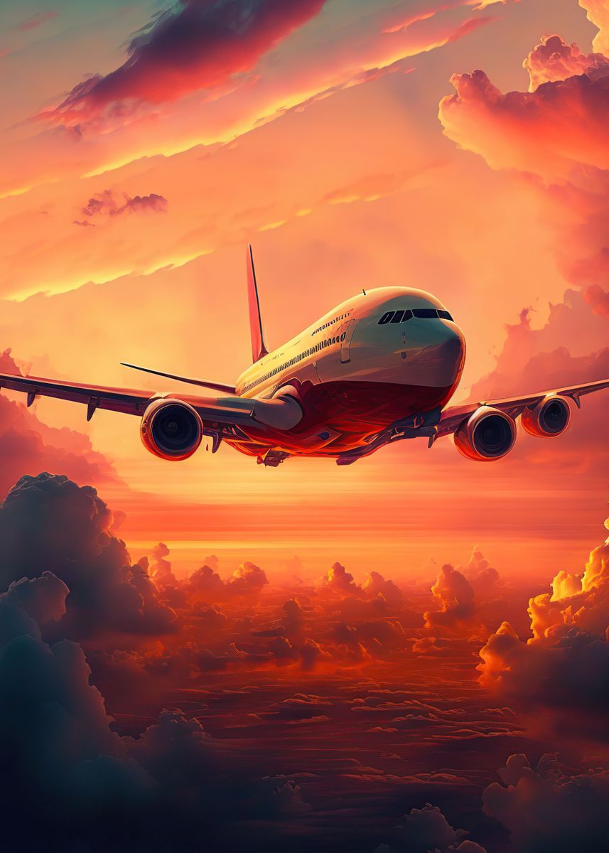 'plane sunset' Poster, picture, metal print, paint by Marina Laing ...