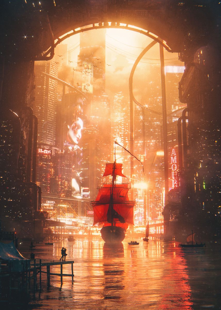 'Sunset At The Harbor' Poster, picture, metal print, paint by Lazaro ...